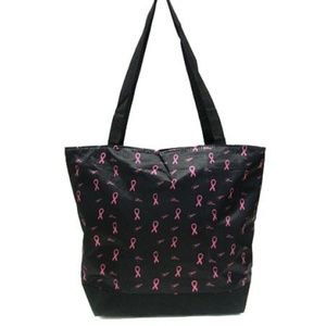 Bags | Black Tote Bag With Pink Ribbon Design | Poshmark
